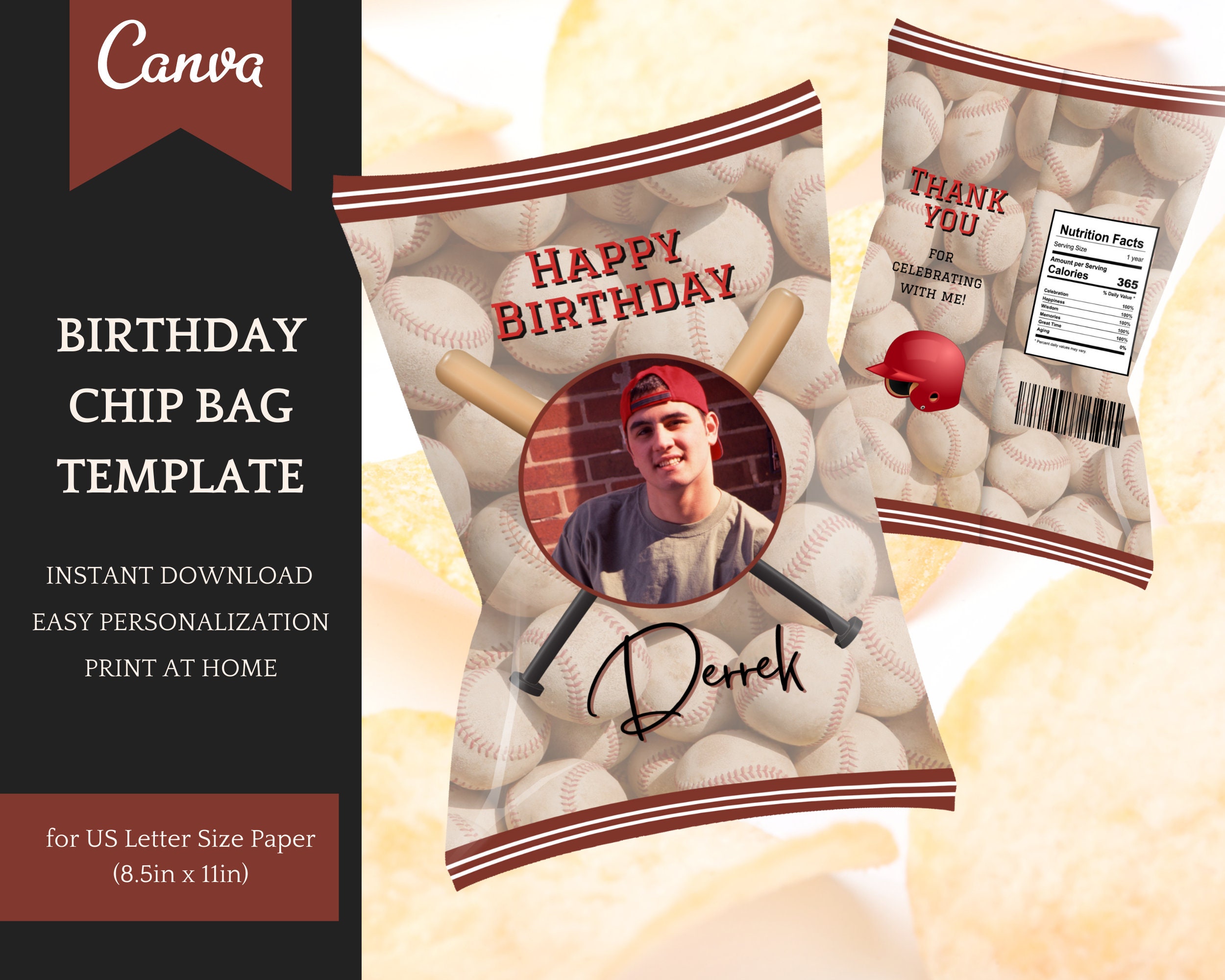 Baseball Chip Bag Template Customizable Birthday Party | Etsy
