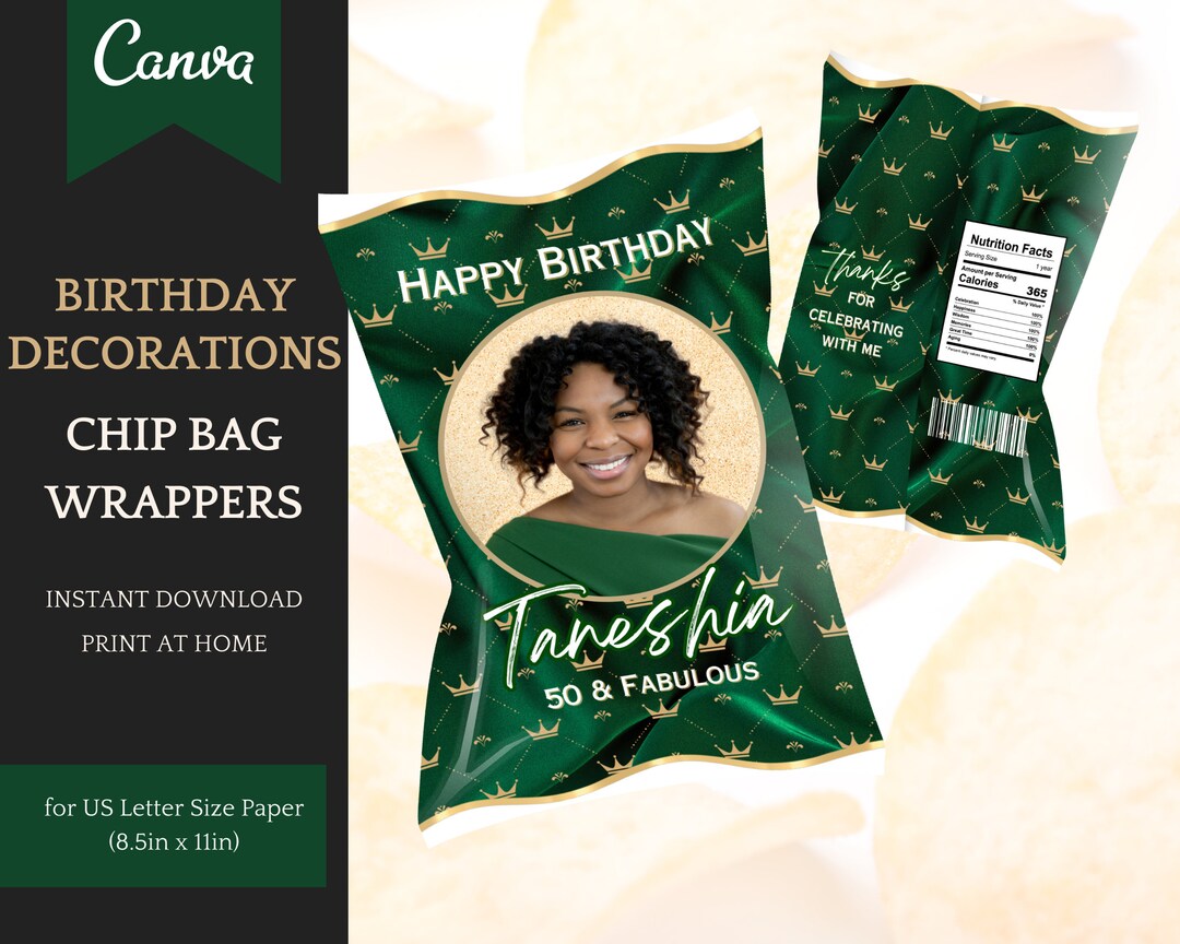 Elegant Green & Gold Birthday Chip Bag Template, Customizable Party ...