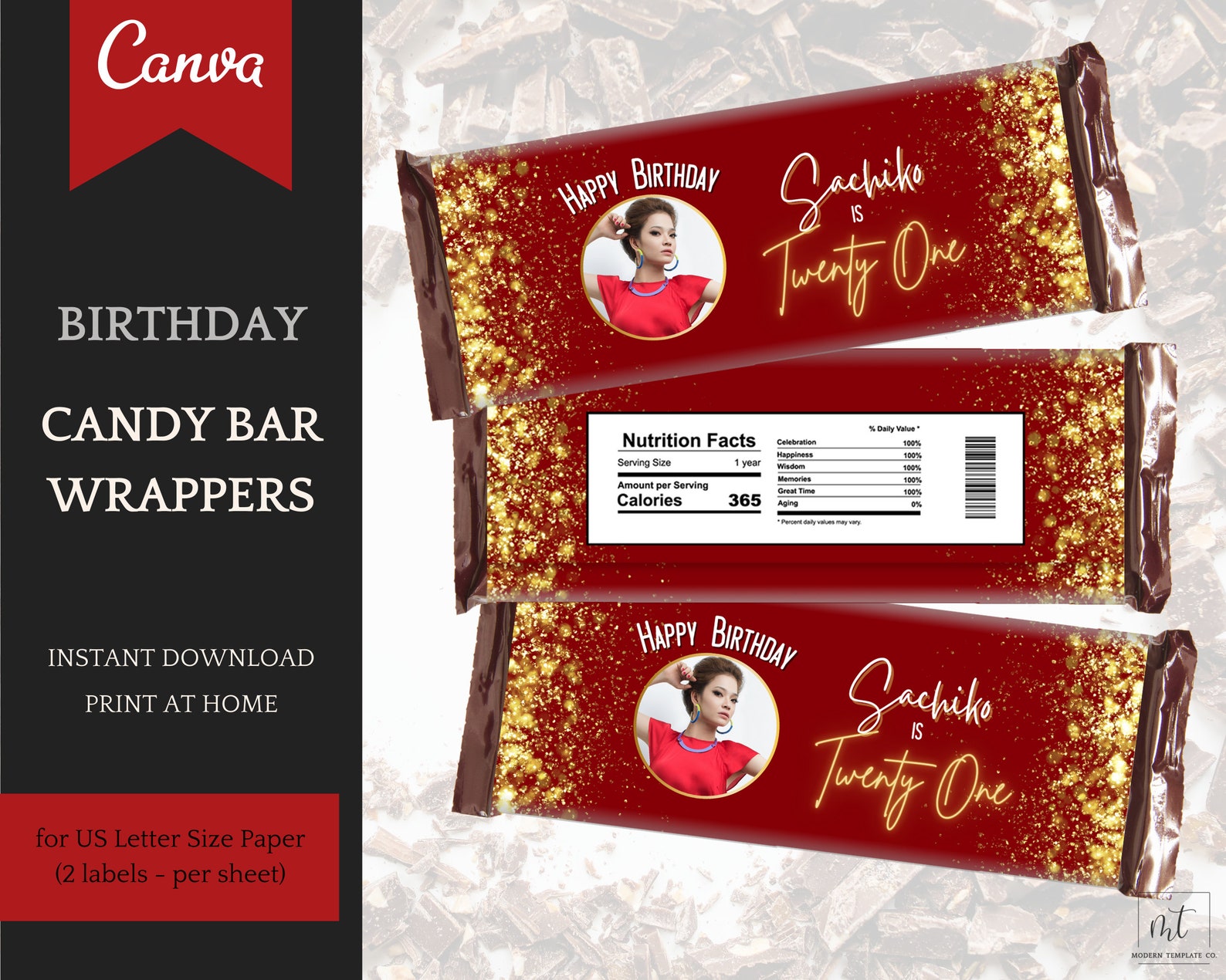 Candy Bar Template Red/gold, Birthday Decorations for Her, Editable ...