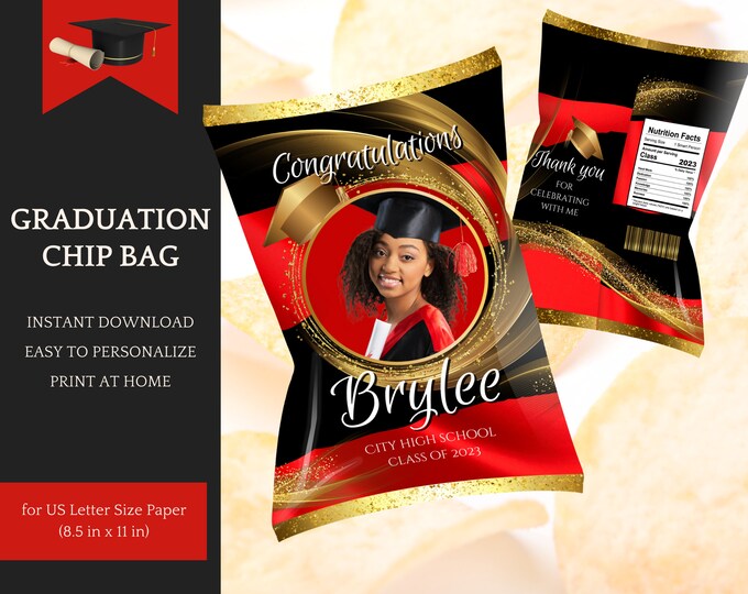 Graduation Chip Bag, Editable Graduation Chip Bag, Red and White ...