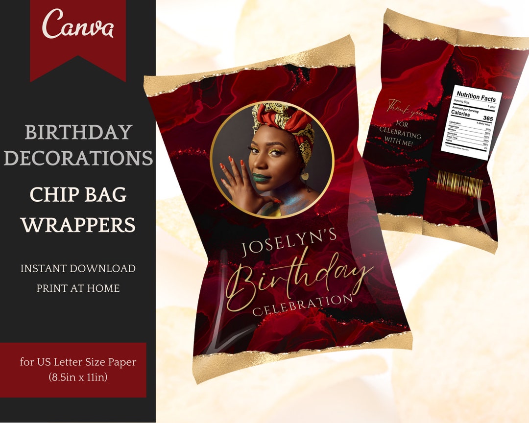 Chip Bag Template, Elegant Ruby Red / Gold Birthday Decorations for Her ...