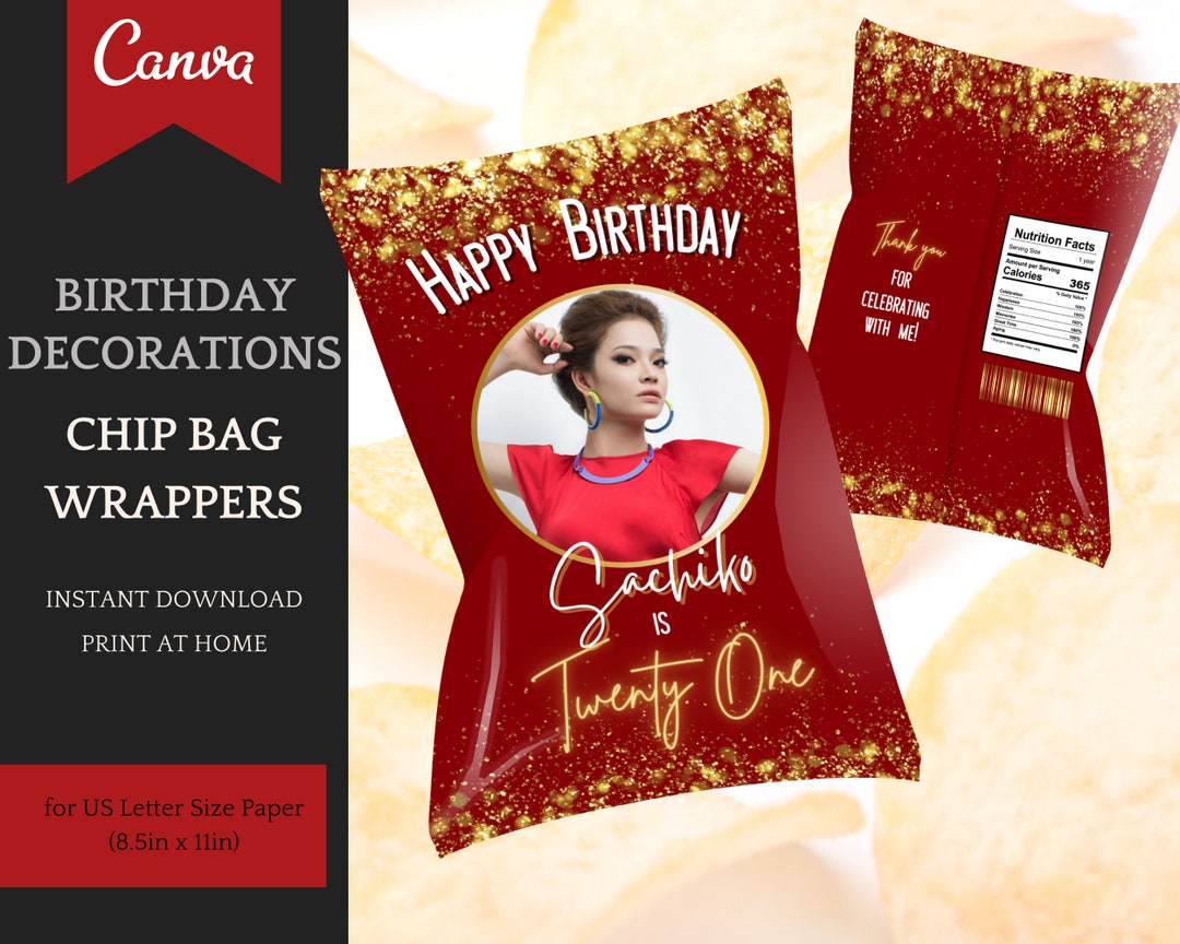 Birthday Chip Bag Template, Elegant Customizable Party Decoration, Easy ...