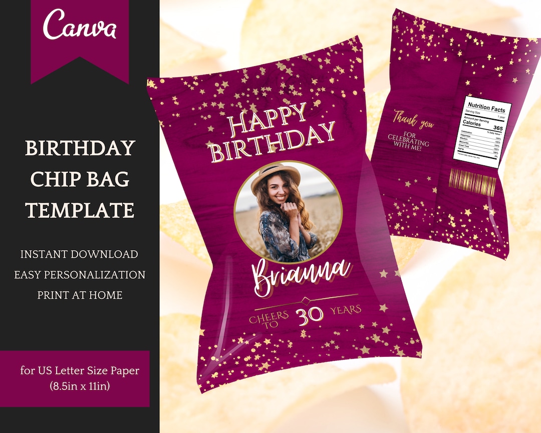 Birthday Chip Bag Template, Elegant Customizable Party Decoration, Easy ...