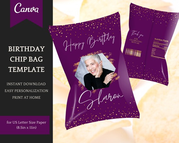 Birthday Chip Bag Template Elegant Customizable Party | Etsy