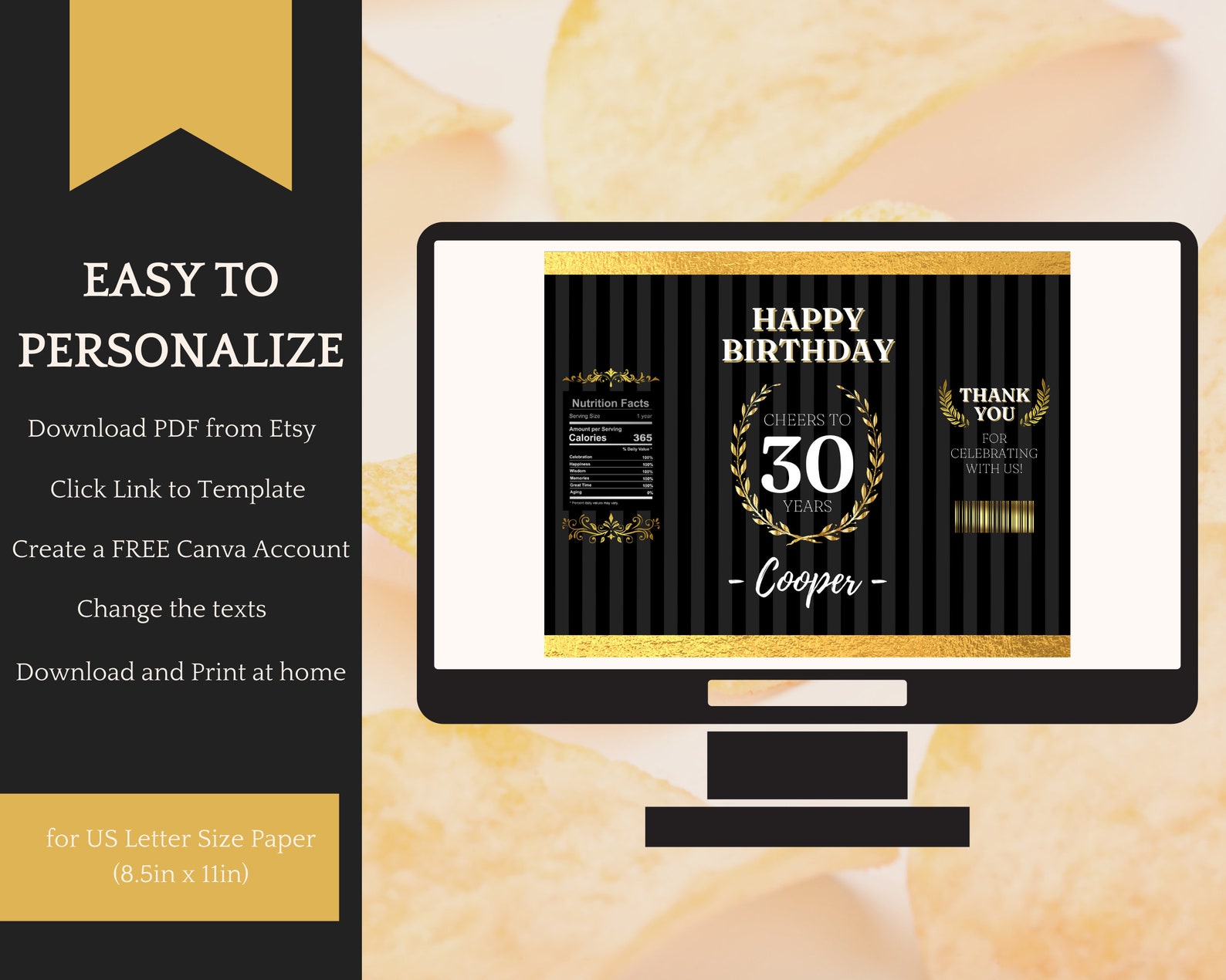 Birthday Chip Bag Template, Elegant Customizable Party Decoration, Easy ...