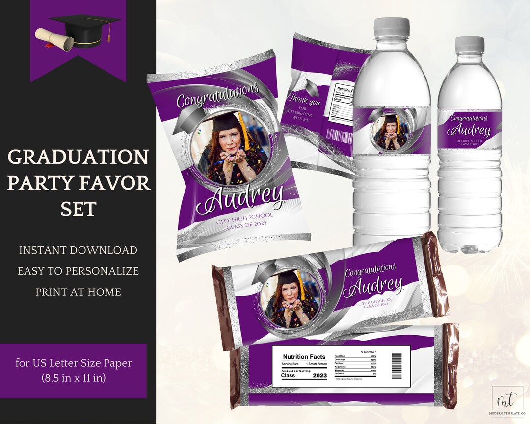Purple Graduation Decorations Bundle, Chip Bag Template, Candy & Water ...