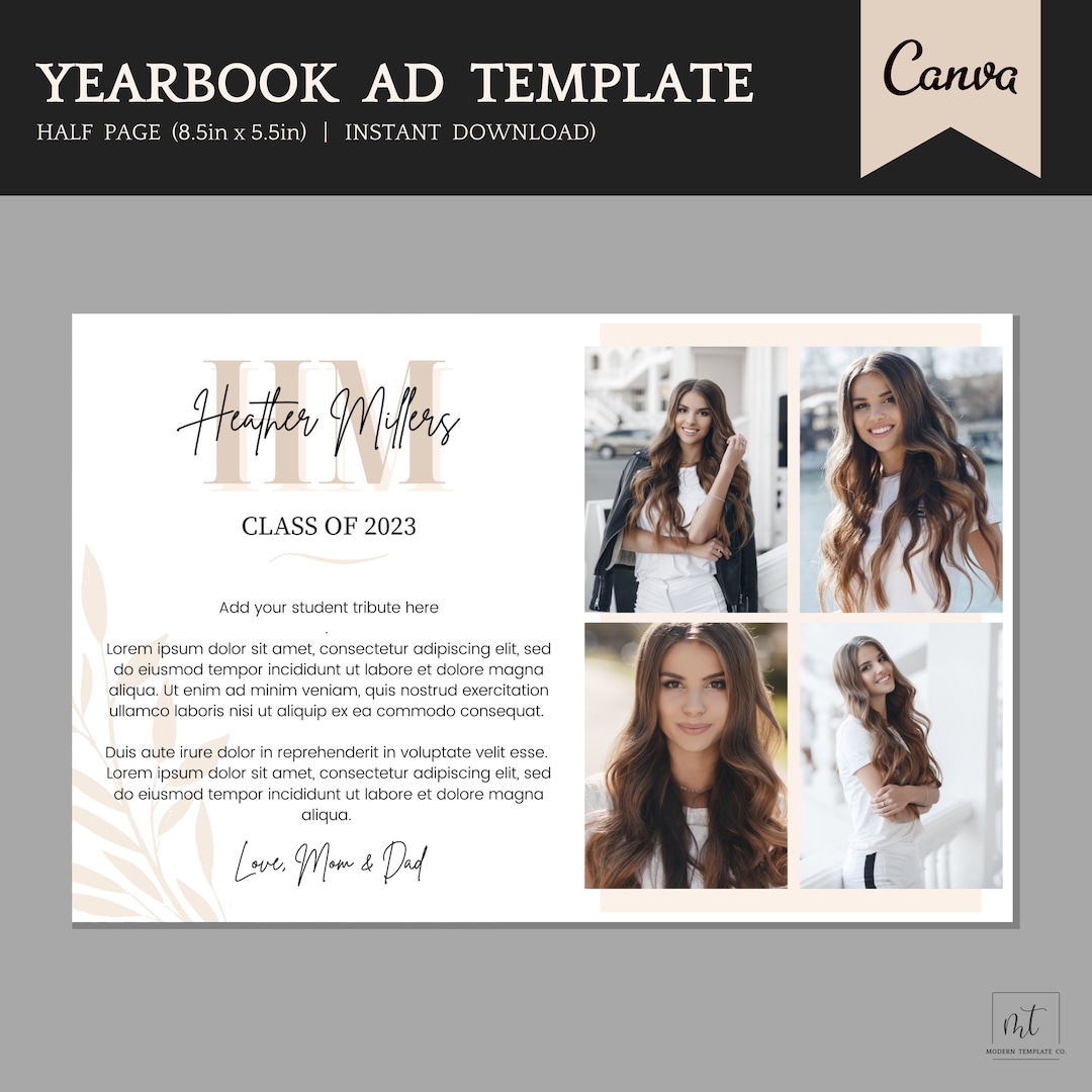 Senior Yearbook Ad Template - Elegant Half Page Graduation Announcement ...