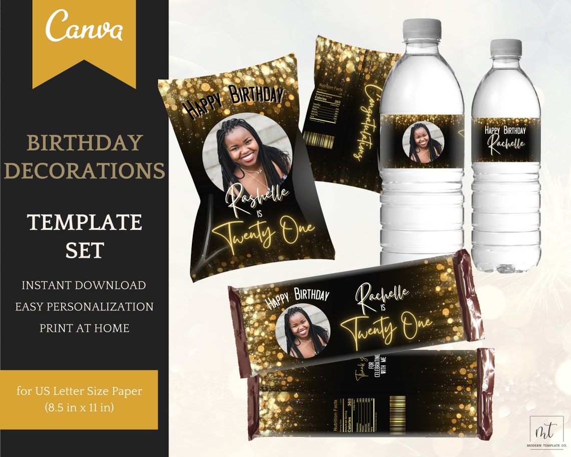 Birthday Decorations for Her in Gold Printable Template Set - Etsy