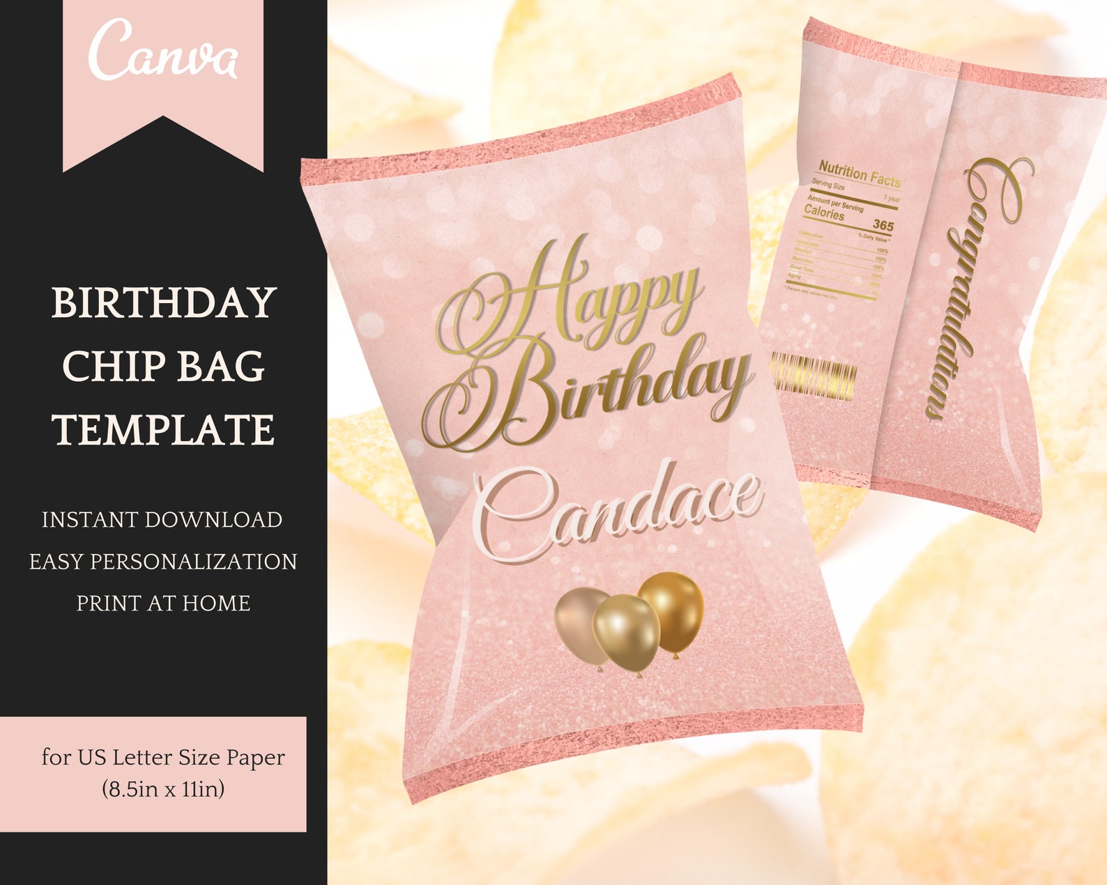 Chip Bag Template for Birthday Party in Pink Easy - Etsy