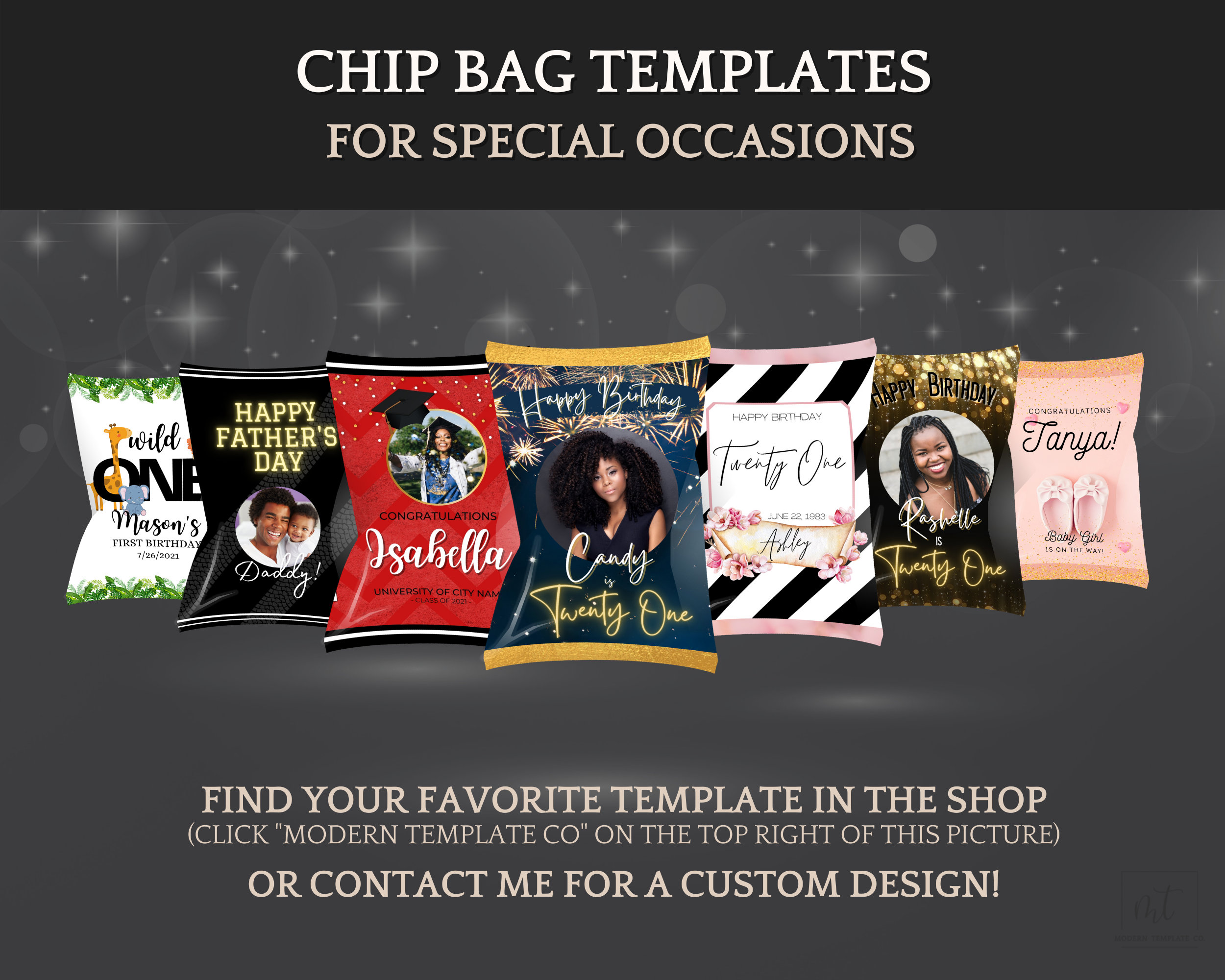 Birthday Chip Bag Template Elegant Customizable Party - Etsy