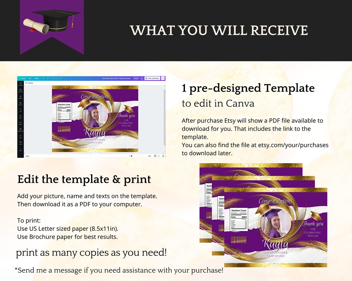 Purple Graduation Chip Bag Template, Grad Party Decorations, Class of ...