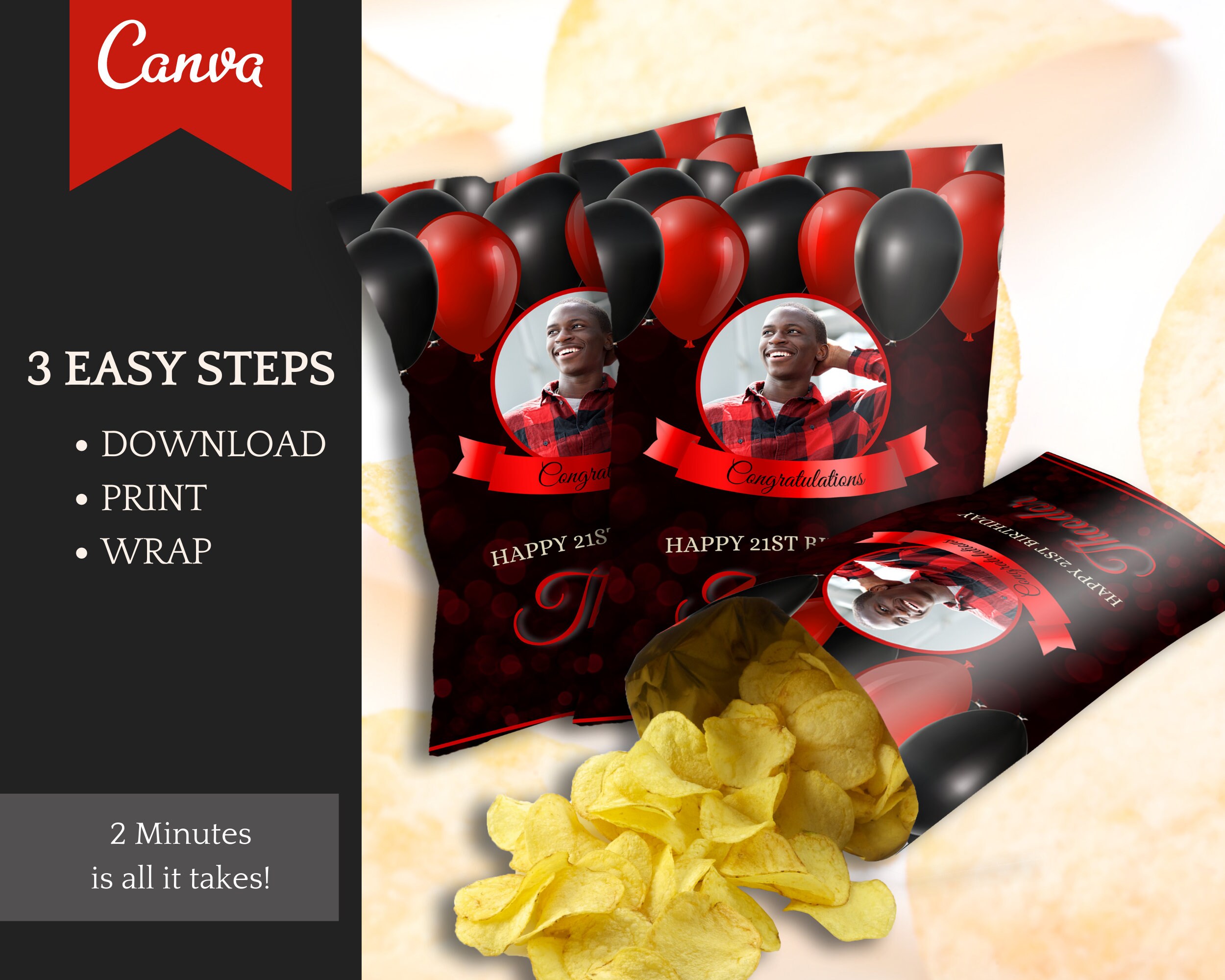 Birthday Chip Bag Template, Elegant Customizable Party Decoration, Easy ...