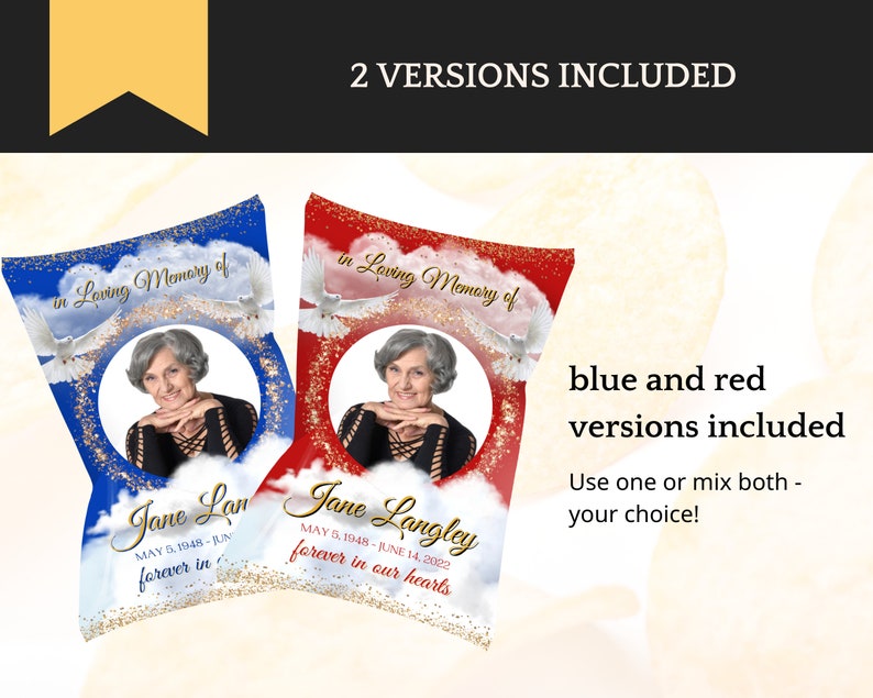 Chip Bag Template for Celebration of Life / Funeral / Memorial, Red ...