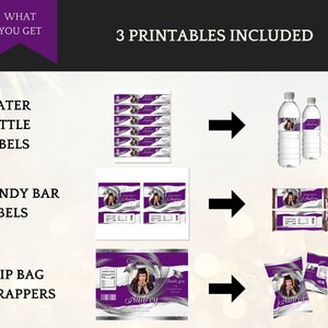 Purple Graduation Decorations Bundle, Chip Bag Template, Candy & Water ...