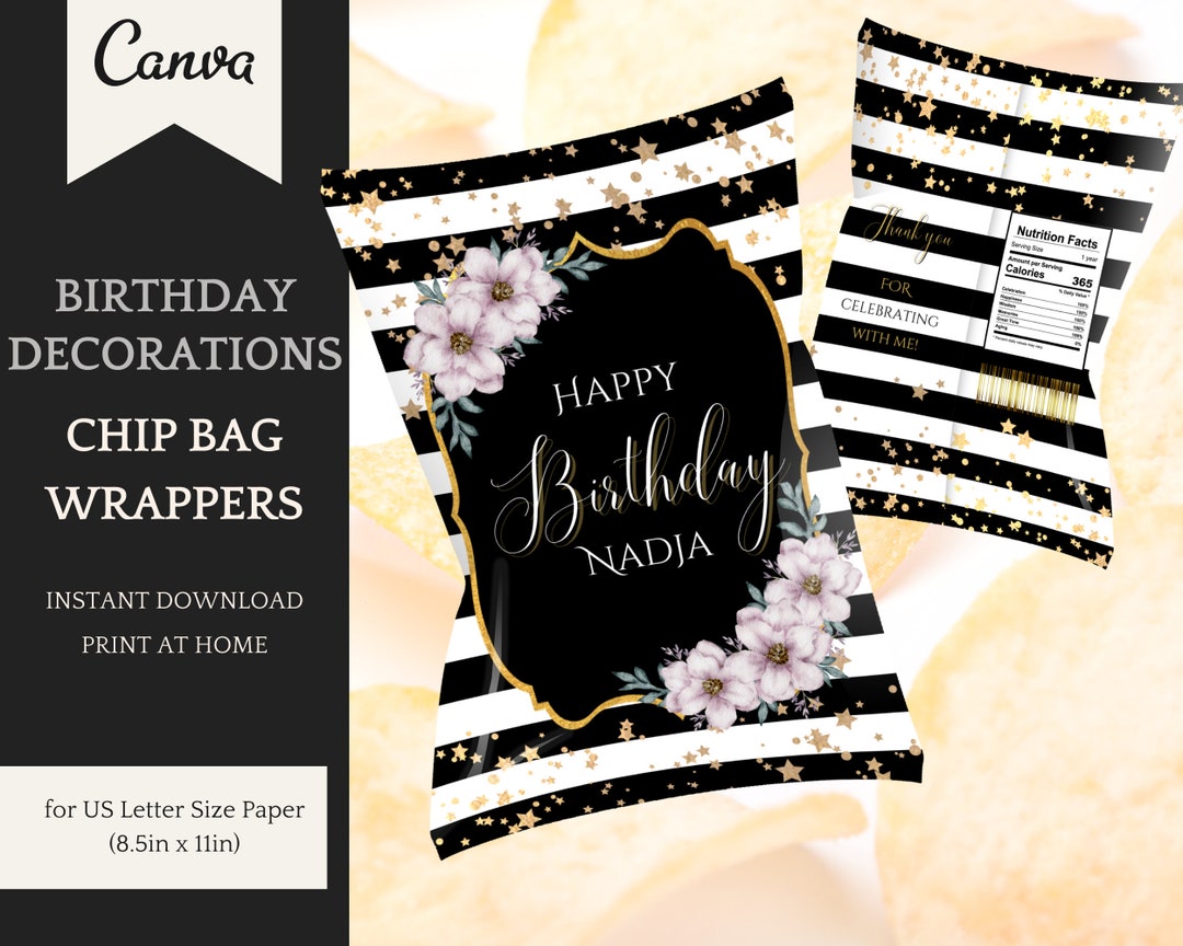 Birthday Chip Bag Template, Elegant Striped Decoration With Flowers ...