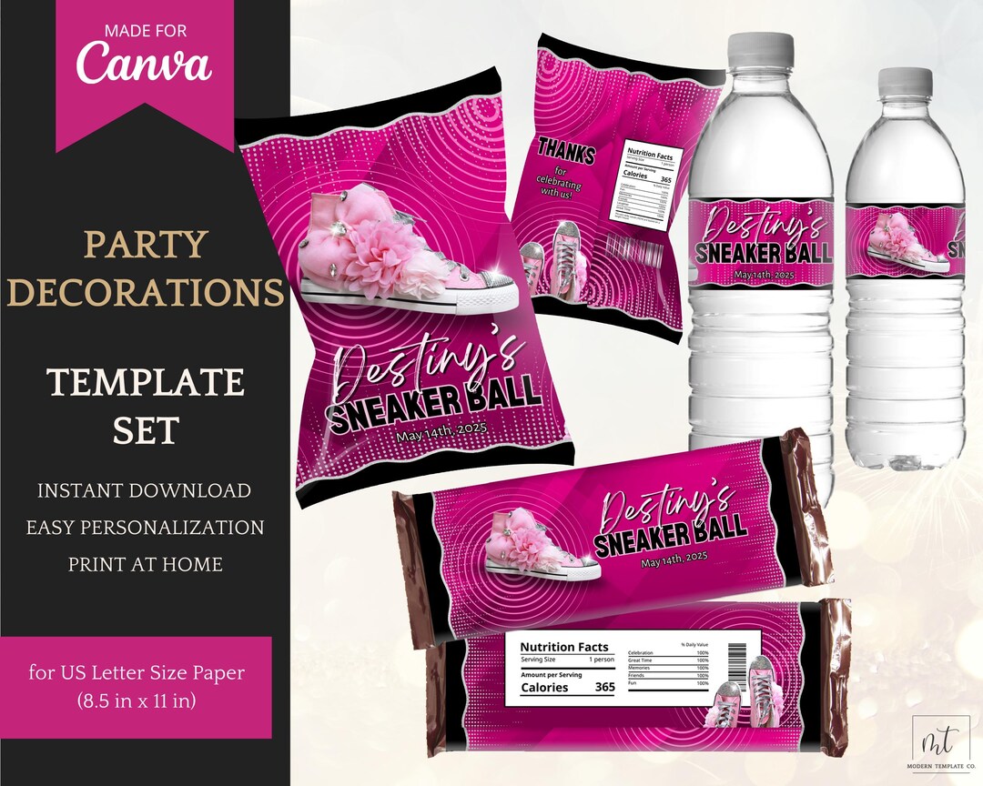 Sneaker Ball Decorations in Pink - Chip Bag Template, Water Bottle and ...