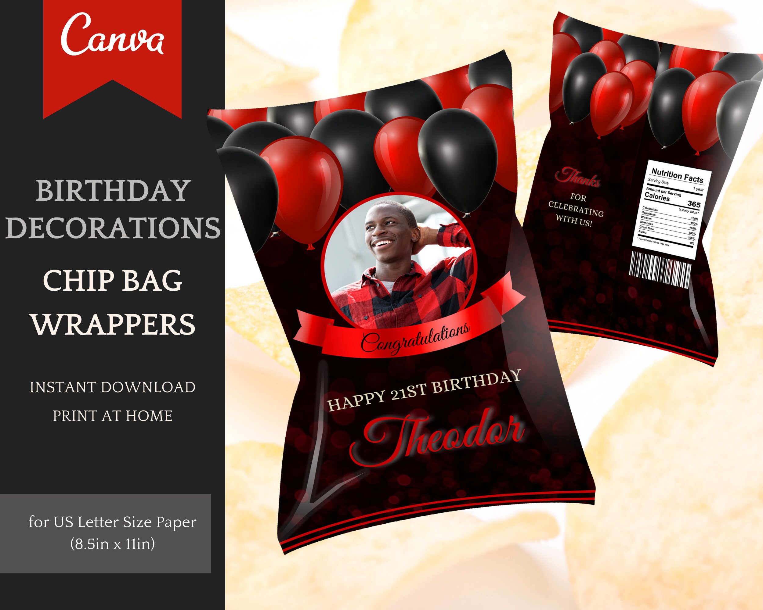 Birthday Chip Bag Template, Elegant Customizable Party Decoration, Easy ...