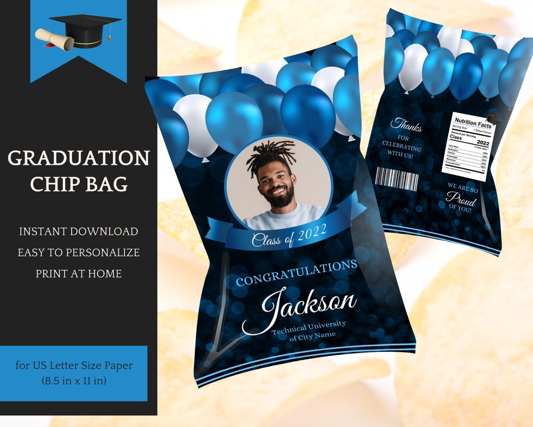 Chip Bag Template - Editable, Graduation Party, Class of 2023, Blue ...