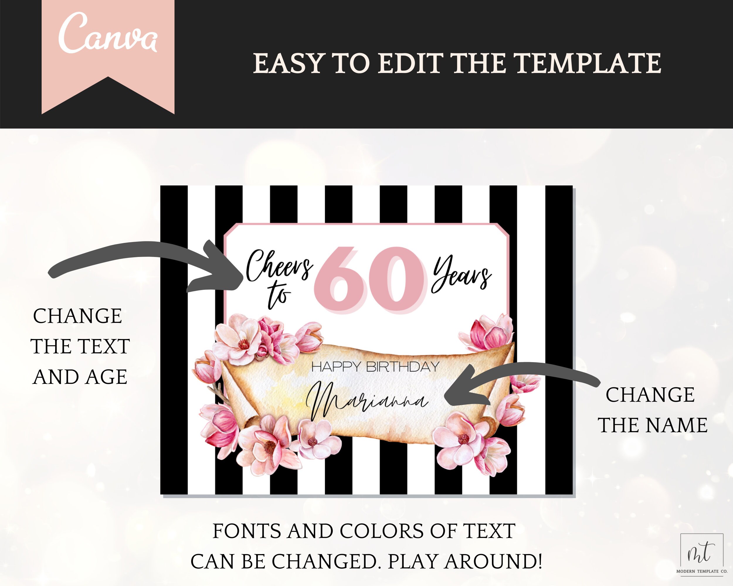 60th Birthday Wine Label Template, Personalized Decorations for Her ...