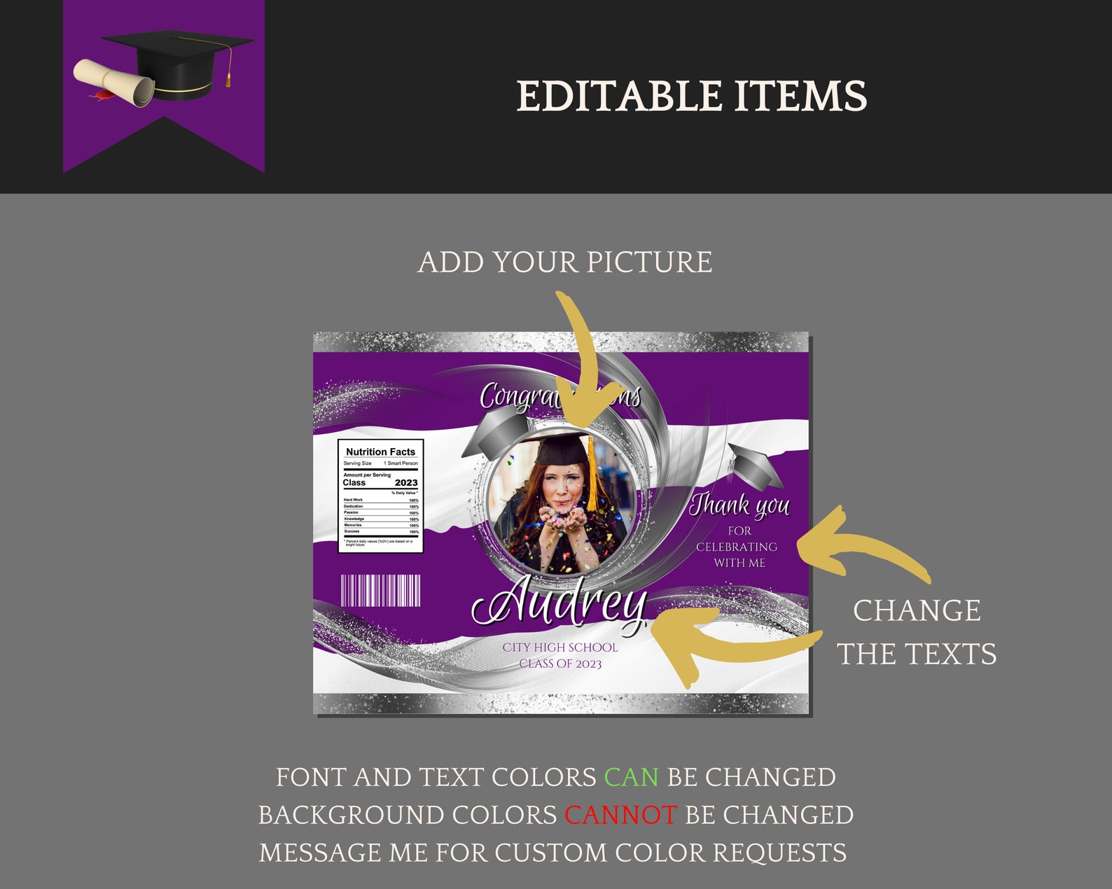 Purple Graduation Decorations Bundle, Chip Bag Template, Candy & Water ...