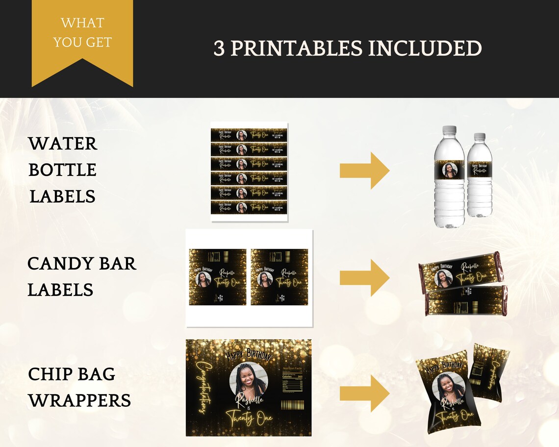 Birthday Decorations for Her in Gold Printable Template Set - Etsy