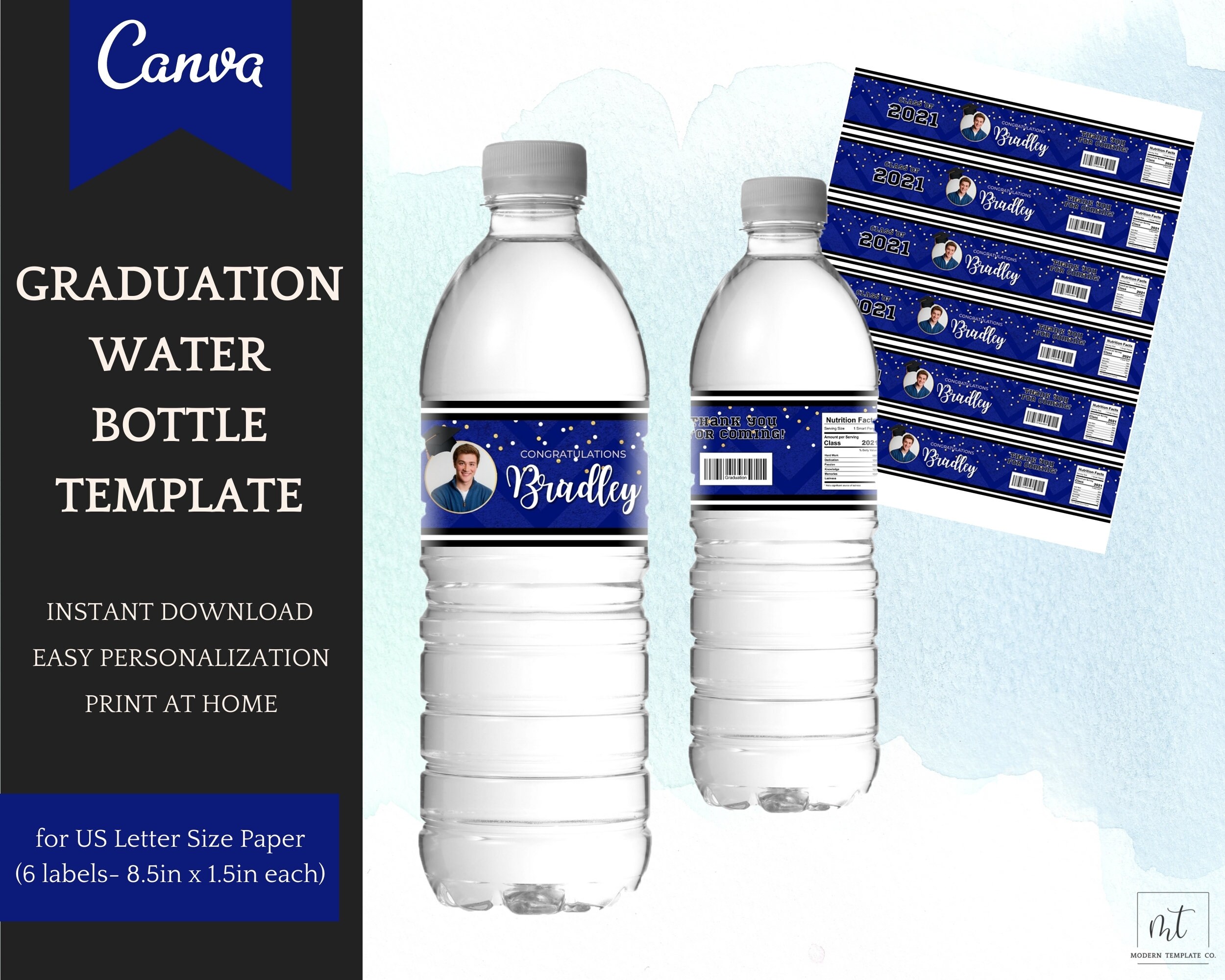 Water Bottle Label Template - Editable, Graduation Party, Class of 2023 ...