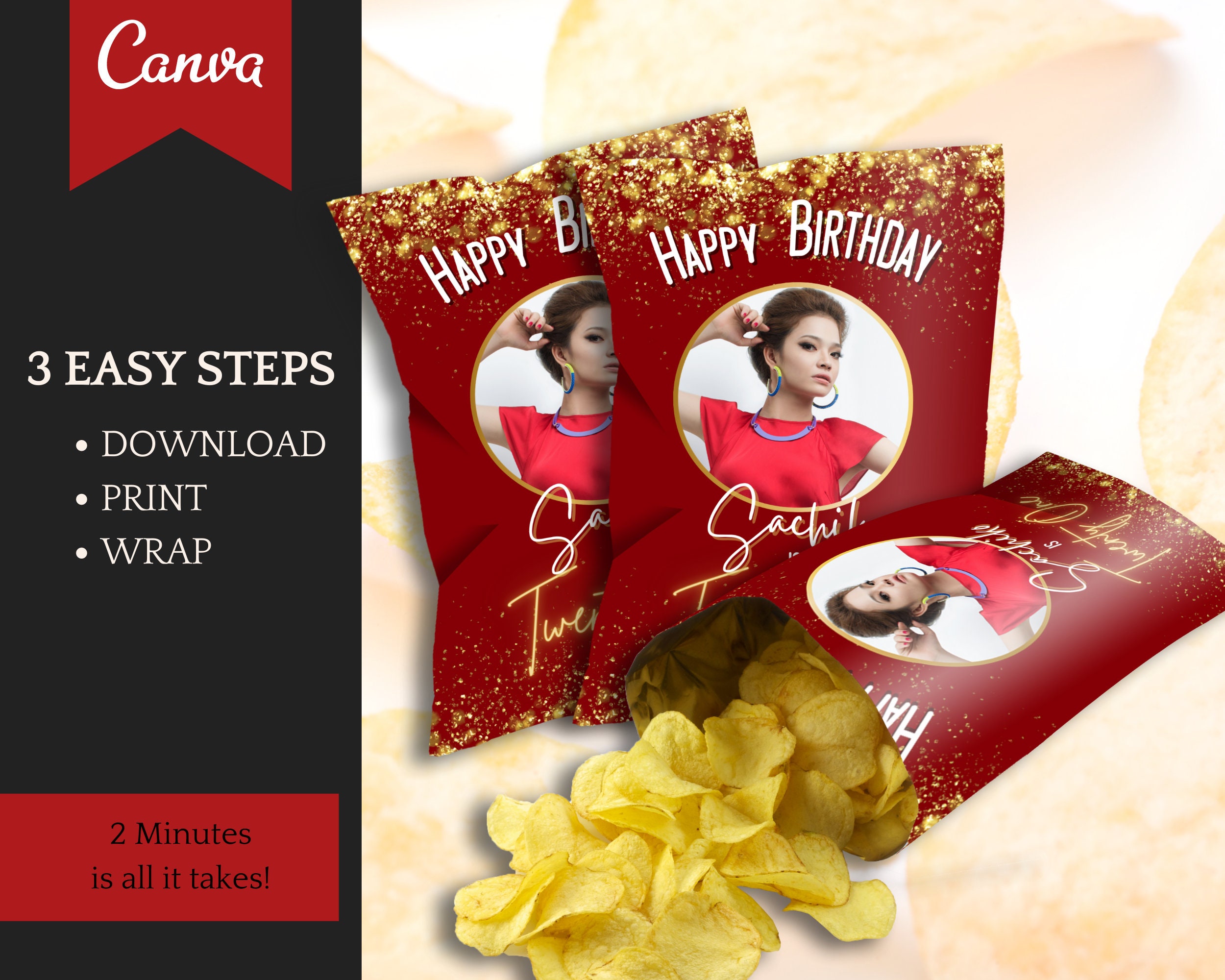 Birthday Chip Bag Template, Elegant Customizable Party Decoration, Easy ...
