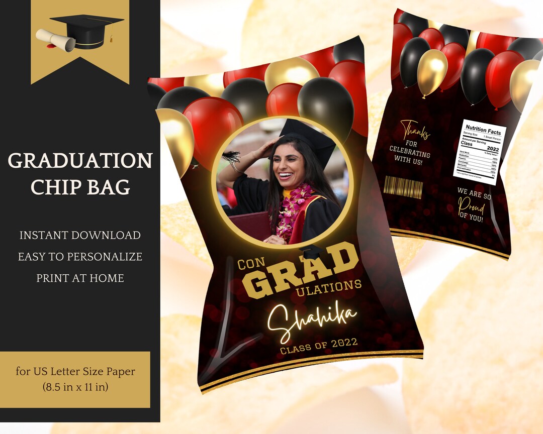 Chip Bag Template - Editable, Graduation Party, Class of 2025, Gold ...