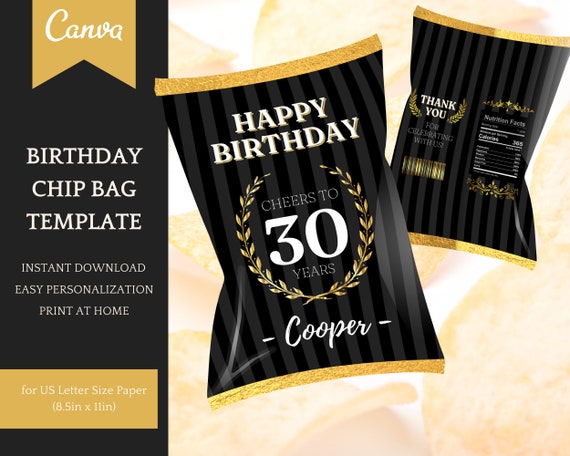 Birthday Chip Bag Template Elegant Customizable Party | Etsy