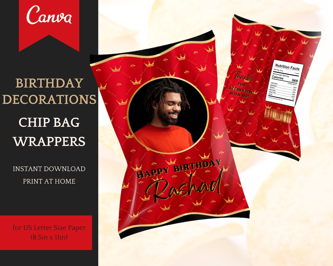 Red Black and Gold Birthday Chip Bag Template, Customizable Party ...