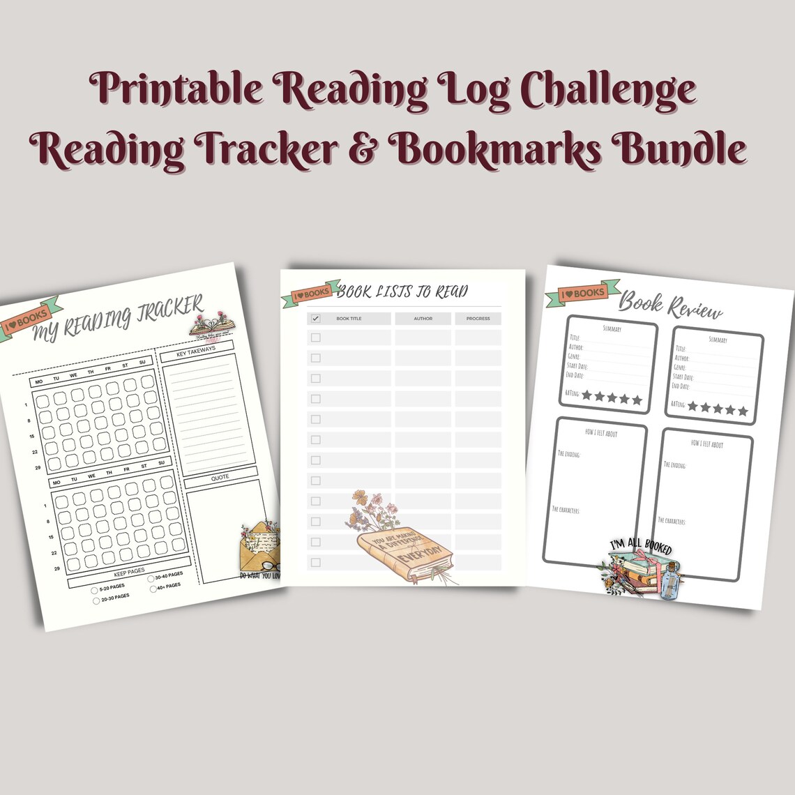 Printable Reading Log Challenge Bundle Reading Books Tracker ...