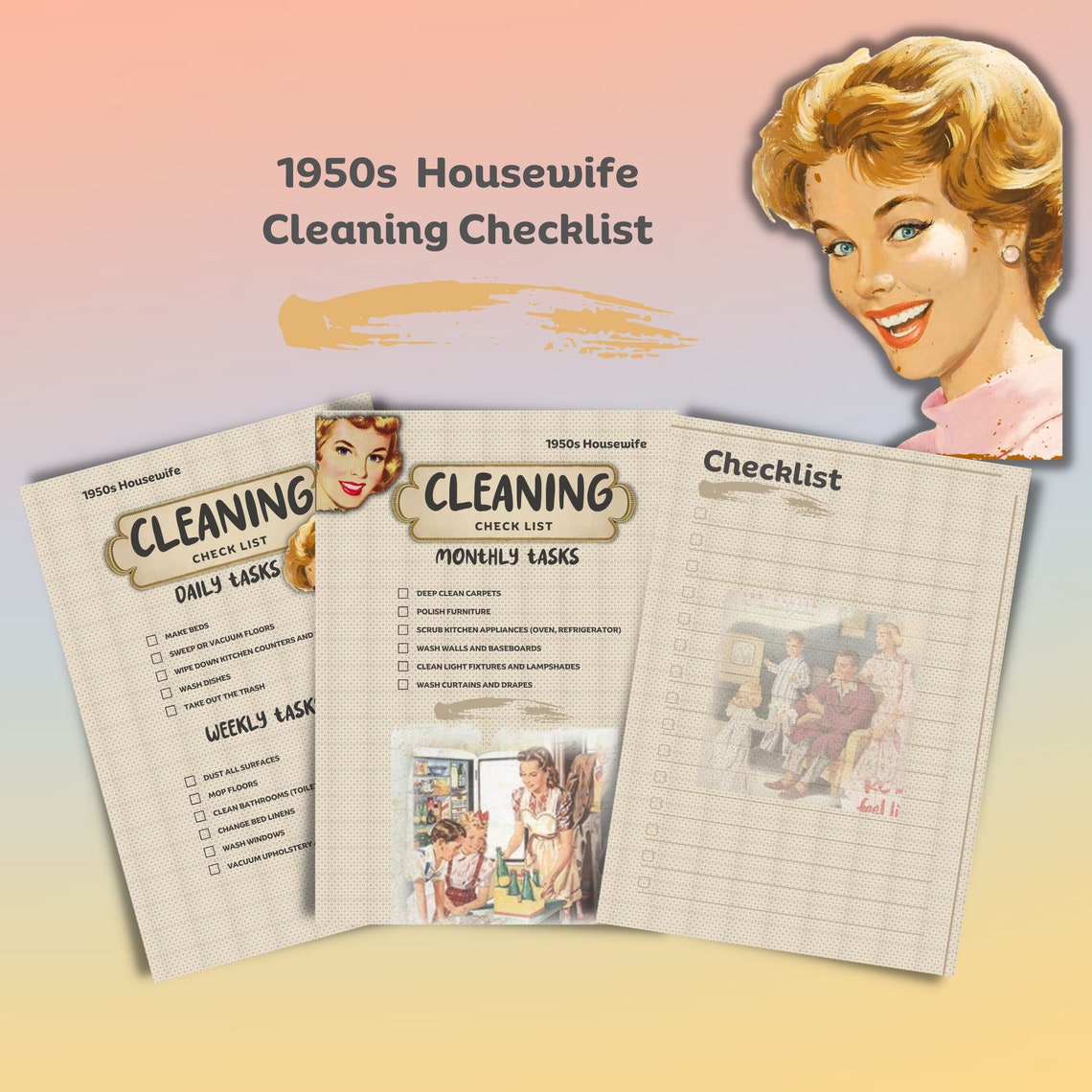 1950s Housewife Cleaning Schedule Mid Century Modern Cleaning Checklist ...