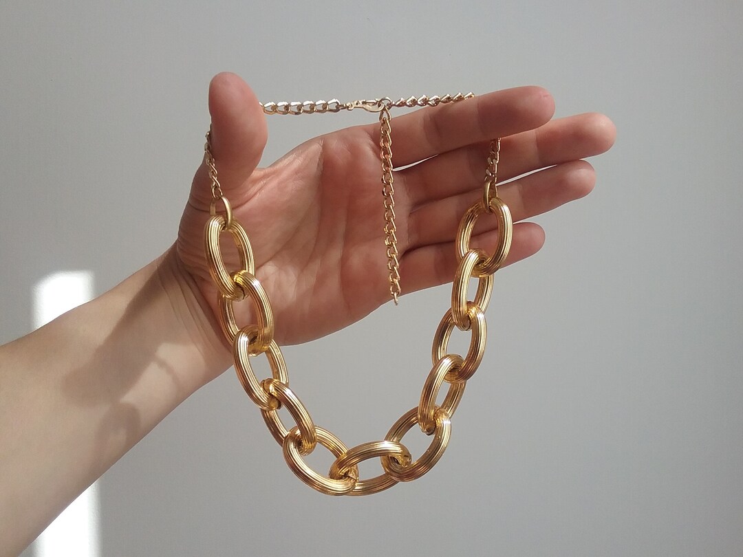 Thick Golden Recycled Chain Necklace With Striped Relief and Two ...