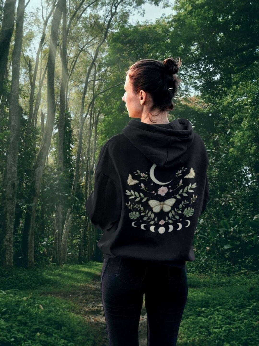 Floral Moon & Moths Magical Hoodie | Brown Moth Hoodie | Cottagecore ...
