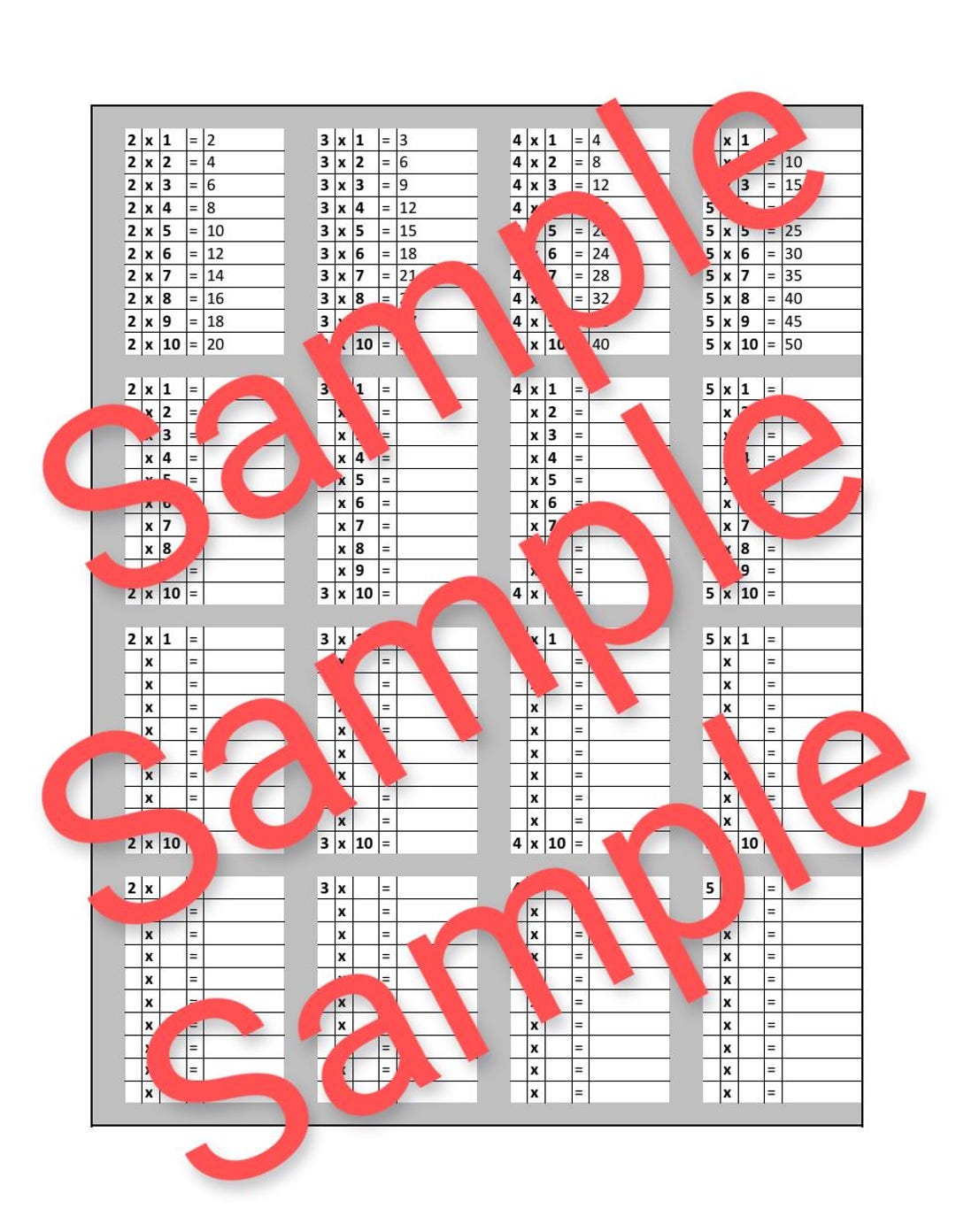 Multiplication Math Practice Times Table Worksheets 2x to 9x - Etsy