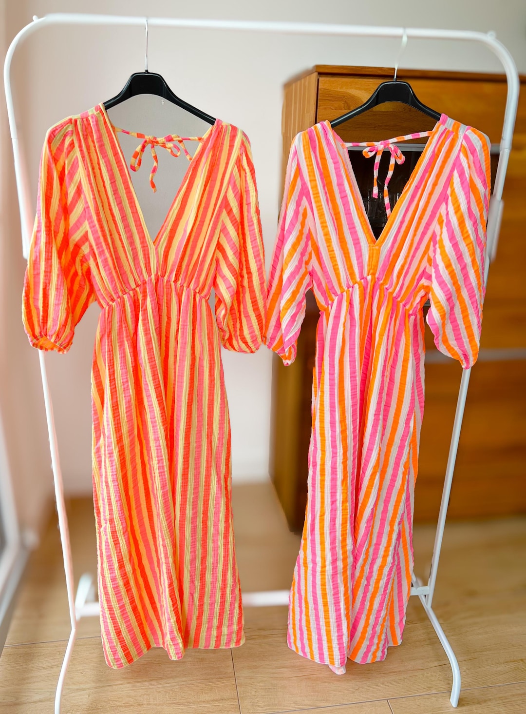 Damen Frühling Sommer Bunt Gestreift Musselin Neon Maxikleid - Etsy