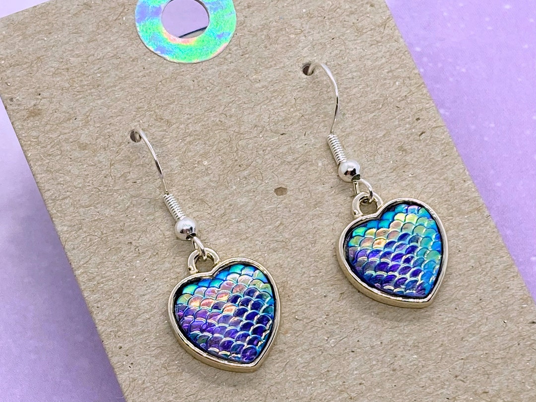 Mermaid Heart Dangly Earrings | Iridescent Aqua Teal Fish Scales | Clip ...