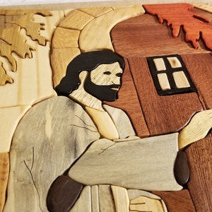 Natural Wood Intarsia Wall Art Design Jesus at Door Knocking - Etsy