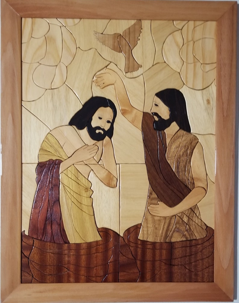 Baptism Intarsia Natural Unique Wood Sculpture Wall Art Jesus - Etsy