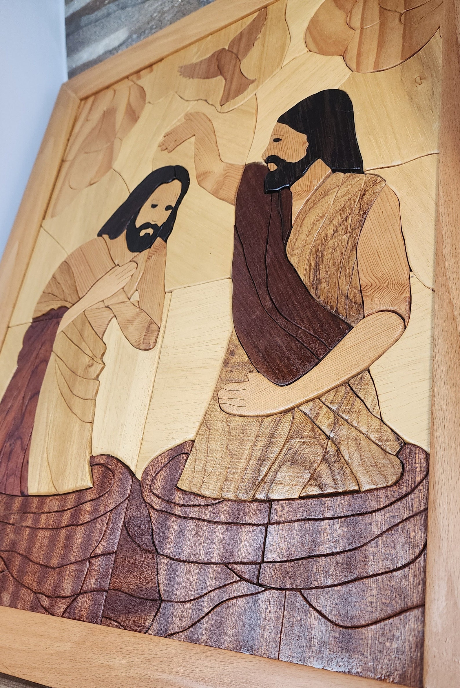 Baptism Intarsia Natural Unique Wood Sculpture Wall Art Jesus - Etsy