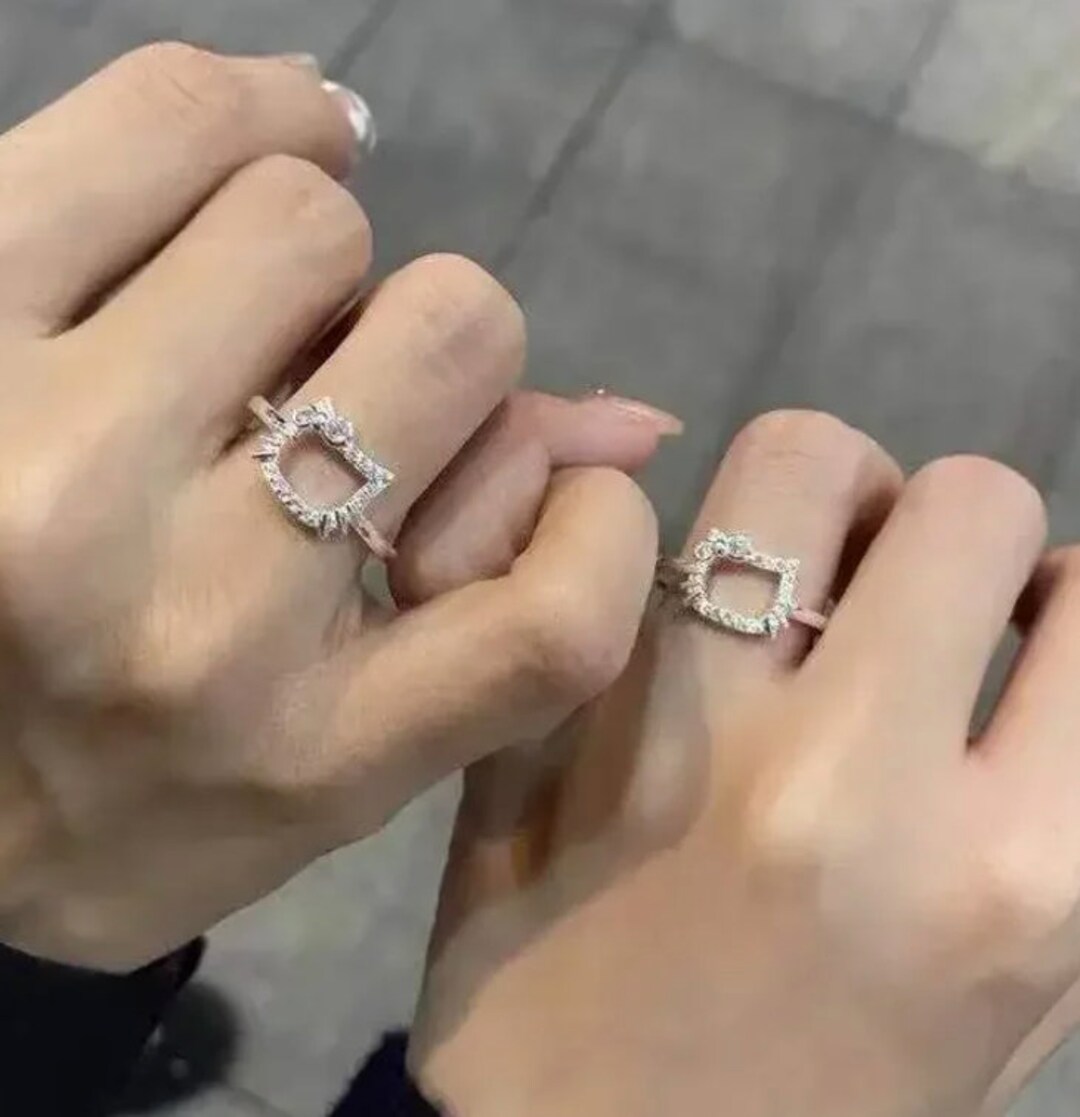 Matching Kawaii Hello Kitty Ring, Y2K Hello Kitty Cat Crystal Ring Set ...