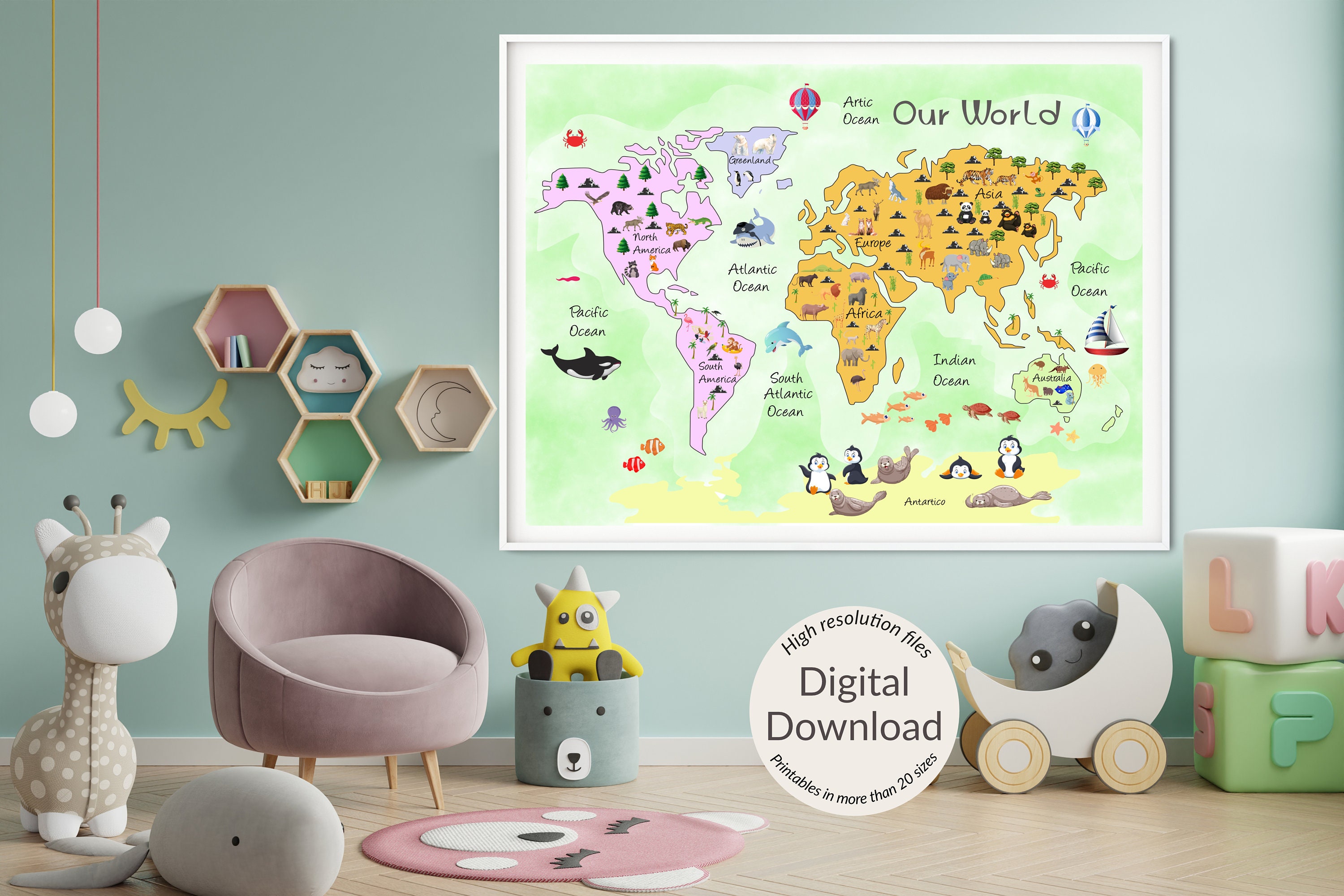 Printable world map kids world map Nursery Prints Beige - Etsy México