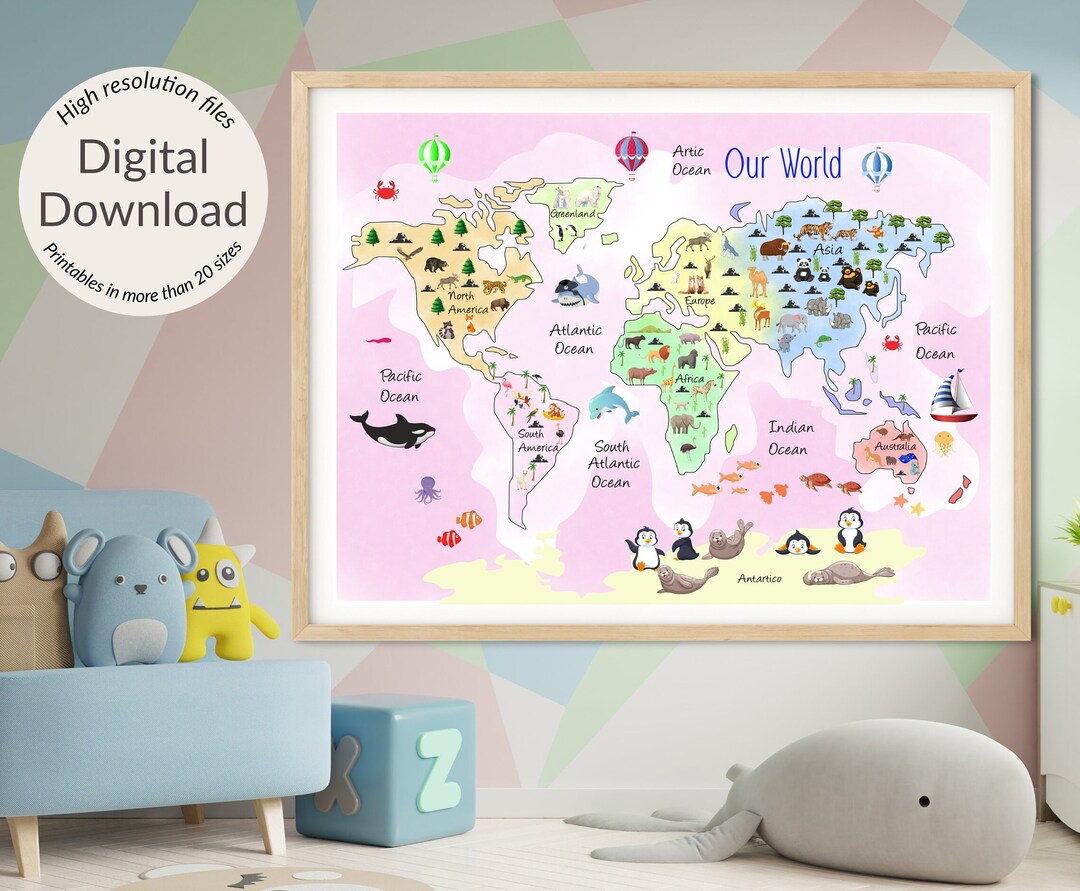Printable world map kids world map Nursery Prints Beige - Etsy België