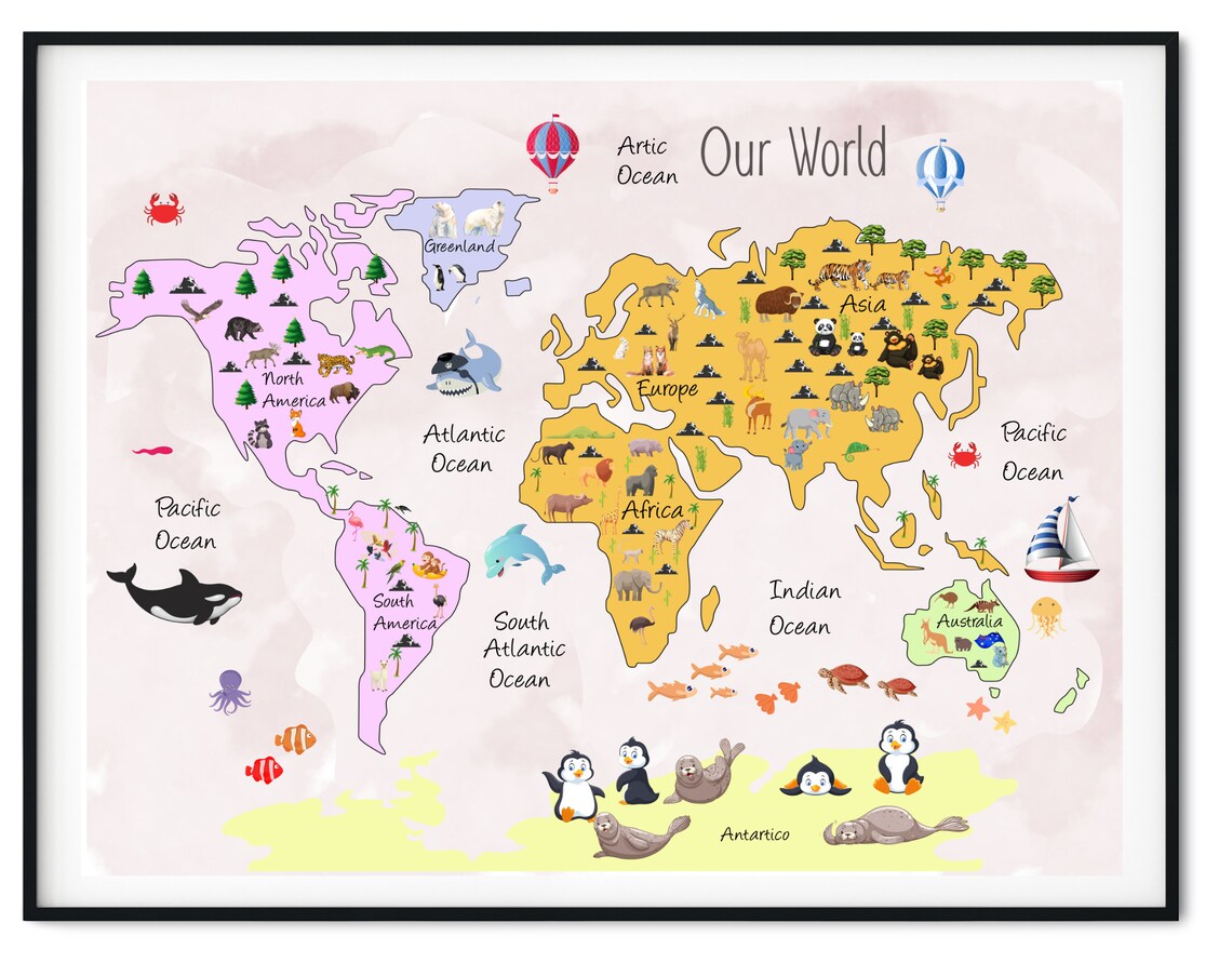 Printable World Map Kids World Map nursery Prints Beige - Etsy Canada