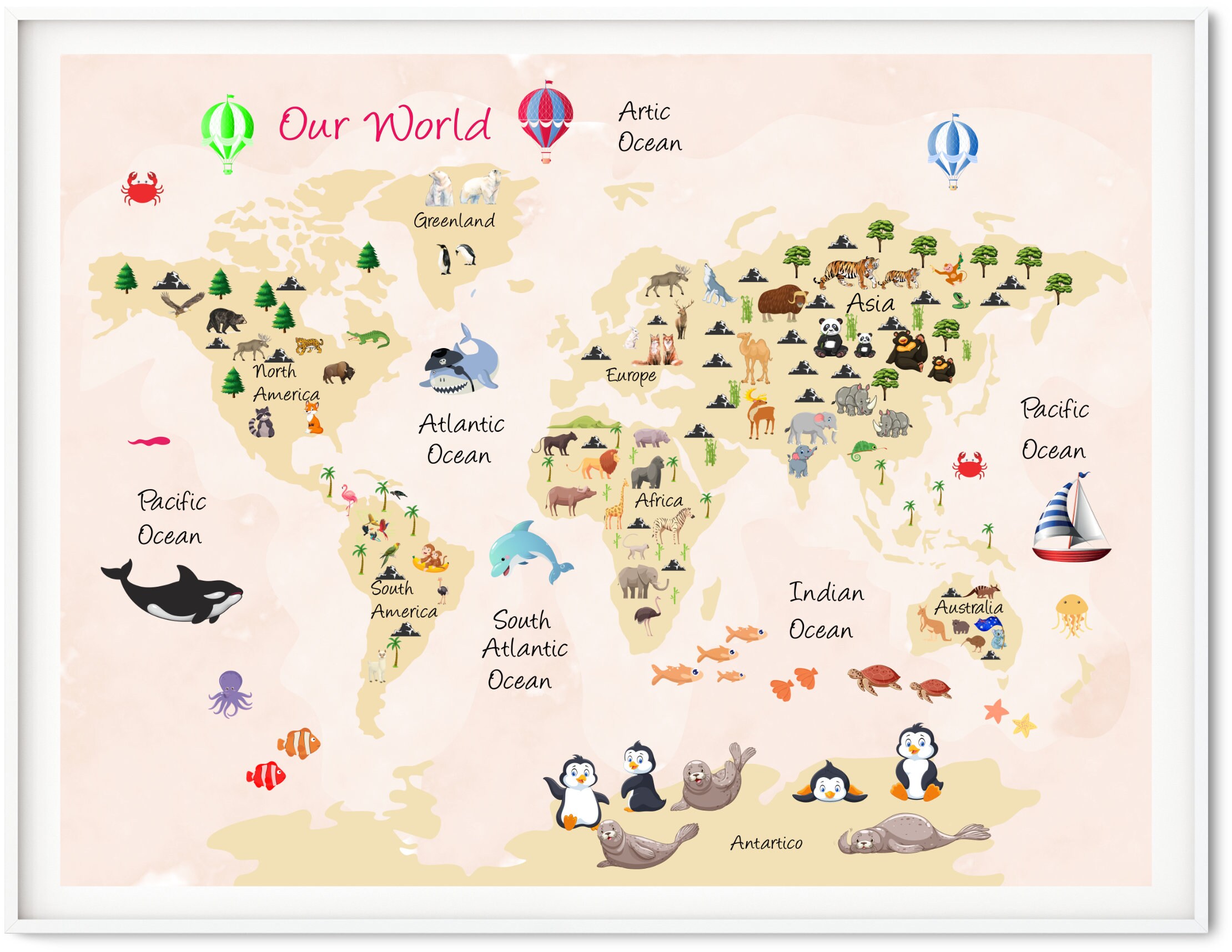 Printable World Map Kids World Map nursery Prints Beige - Etsy Canada