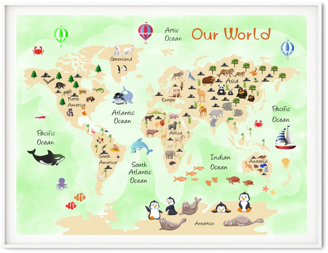 Printable World Map Kids World Map nursery Prints Beige - Etsy
