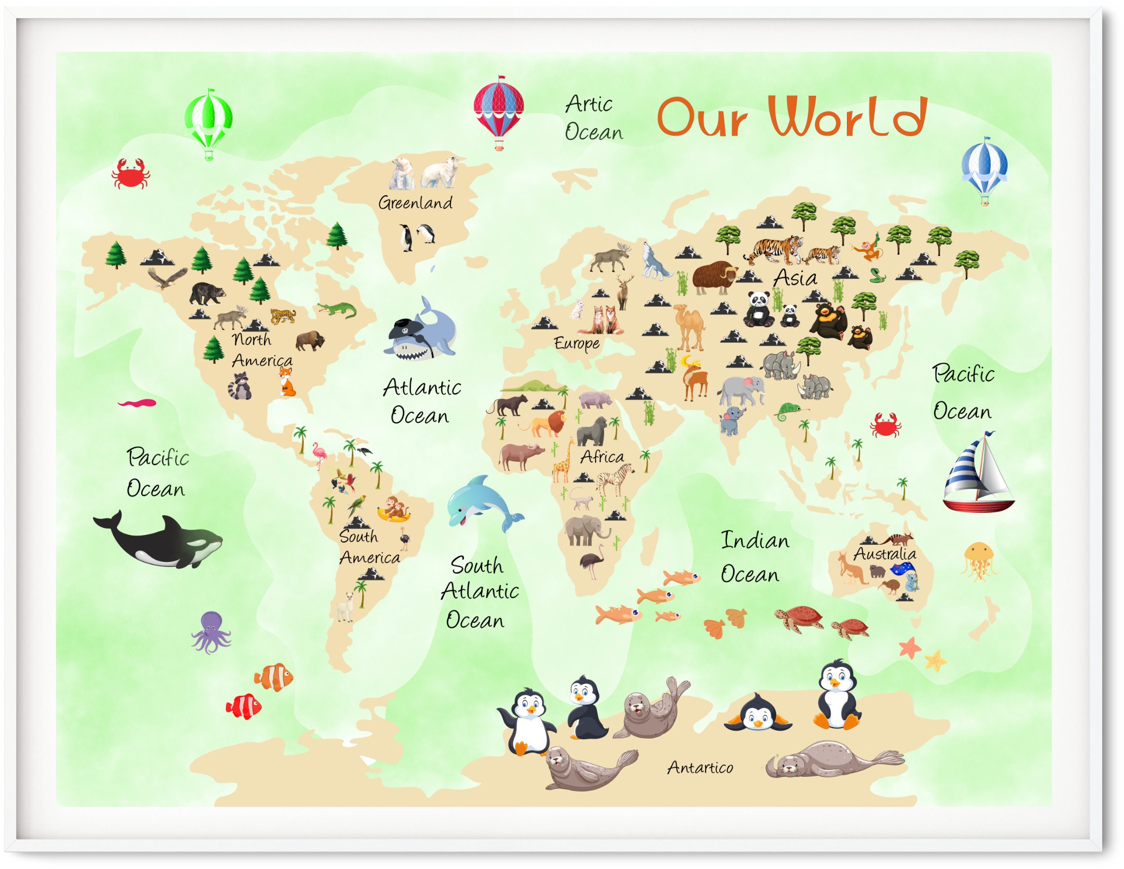 Printable world map kids world map Nursery Prints Beige - Etsy México