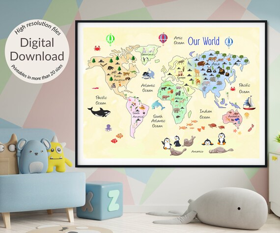 Printable World Map Kids World Map nursery Prints Beige - Etsy