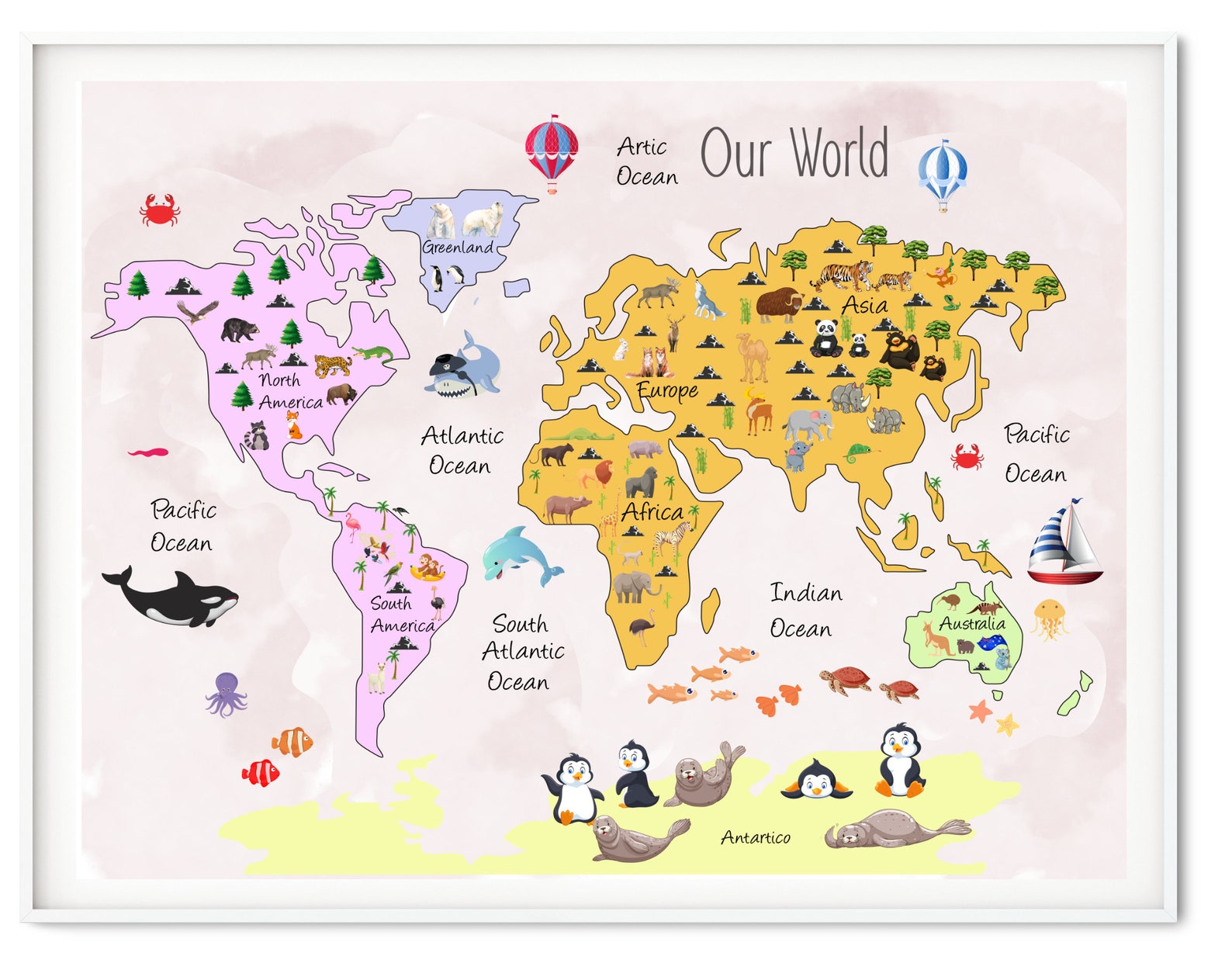 Printable World Map Kids World Map nursery Prints Beige - Etsy Canada