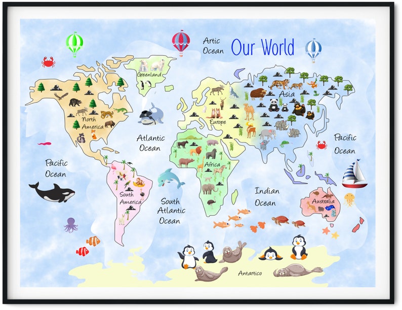 Printable world map kids world map Nursery Prints Beige - Etsy México